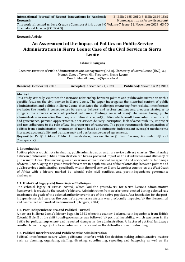 (PDF) An Assessment of the Impact of Politics on Public Service ...