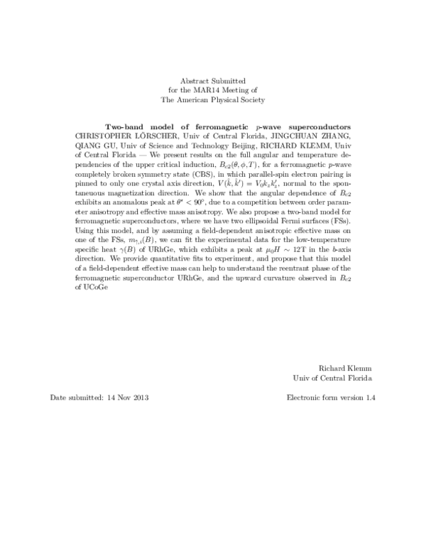 (PDF) Two-band model of ferromagnetic $p$-wave superconductors