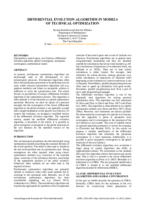 (PDF) Differential Evolution Algorithm in Models of Technical Optimization