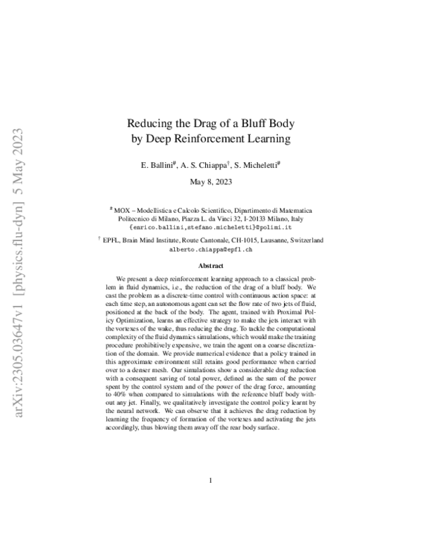 (PDF) Reducing the Drag of a Bluff Body by Deep Reinforcement Learning