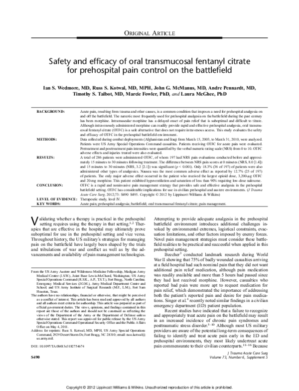 (PDF) Oral Transmucosal Fentanyl for Battlefield Pain