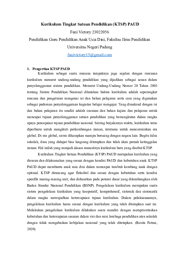 (DOC) Kurikulum Tingkat Satuan Pendidikan (KTSP) PAUD