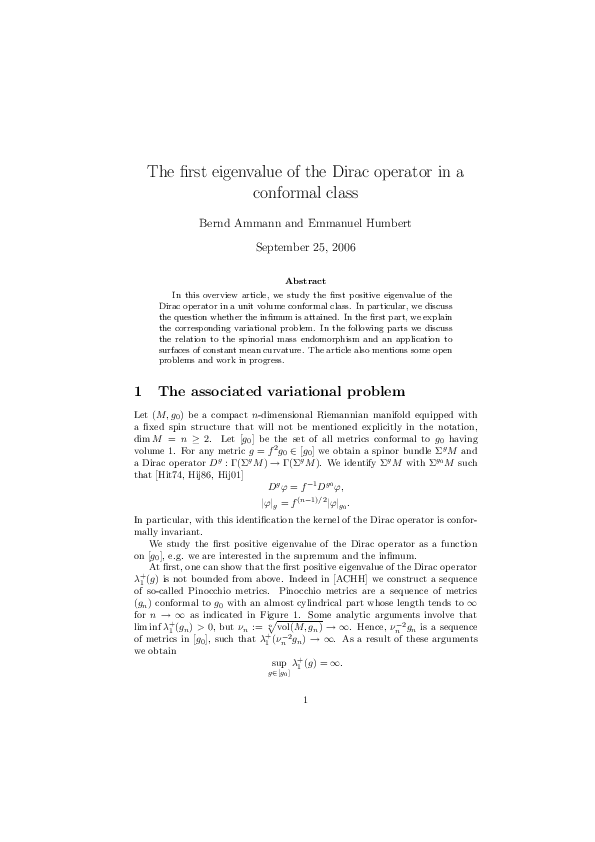(PDF) The First Eigenvalue of the Dirac Operator in a Conformal Class