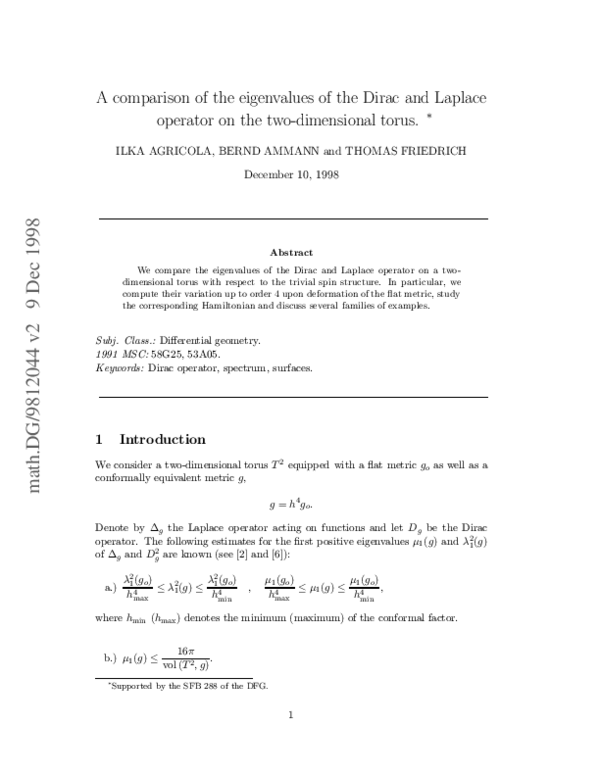 (PDF) A comparison of the eigenvalues of the Dirac and Laplace operators on a two-dimensional torus