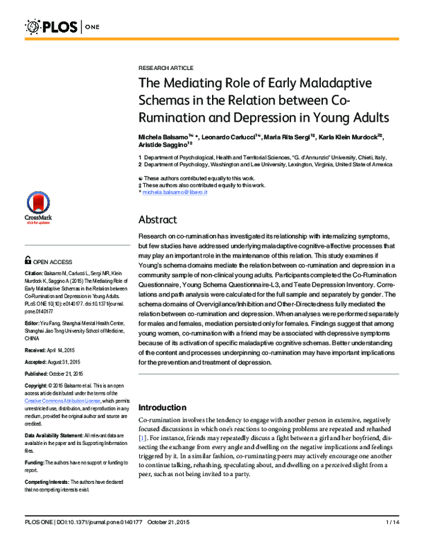 (PDF) The Mediating Role of Early Maladaptive Schemas in the Relation between Co-Rumination and ...