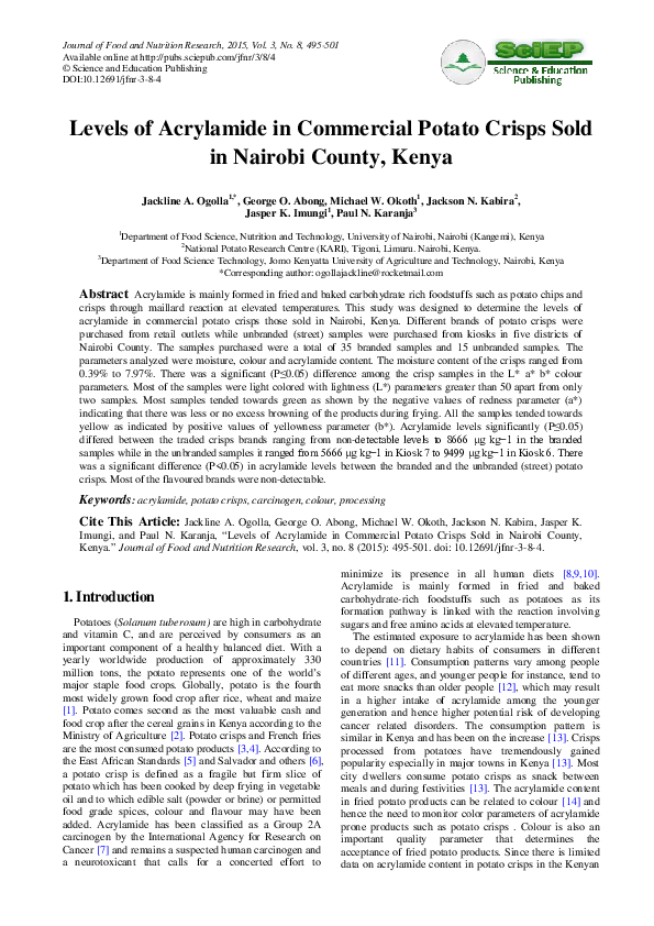 (PDF) Levels of Acrylamide in Commercial Potato Crisps Sold in Nairobi ...