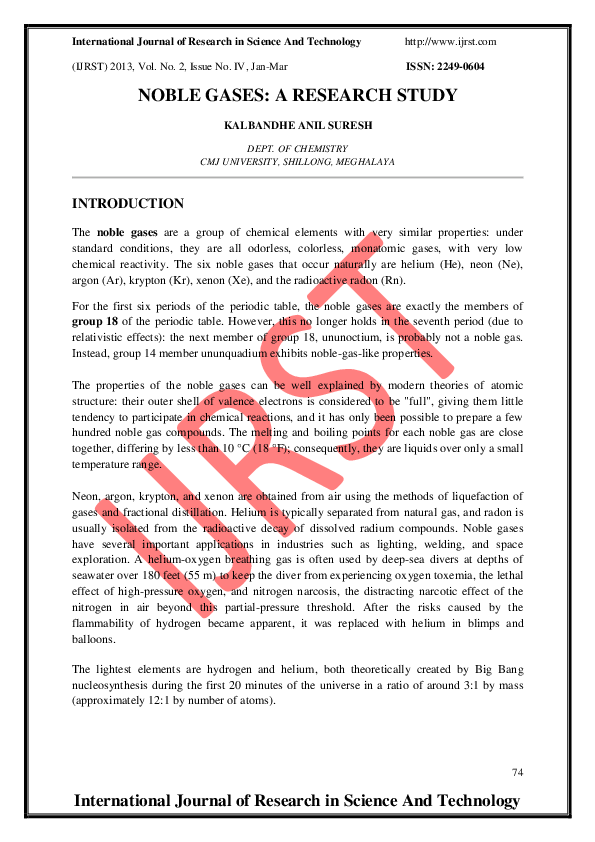 (PDF) Noble Gases: A Research Study