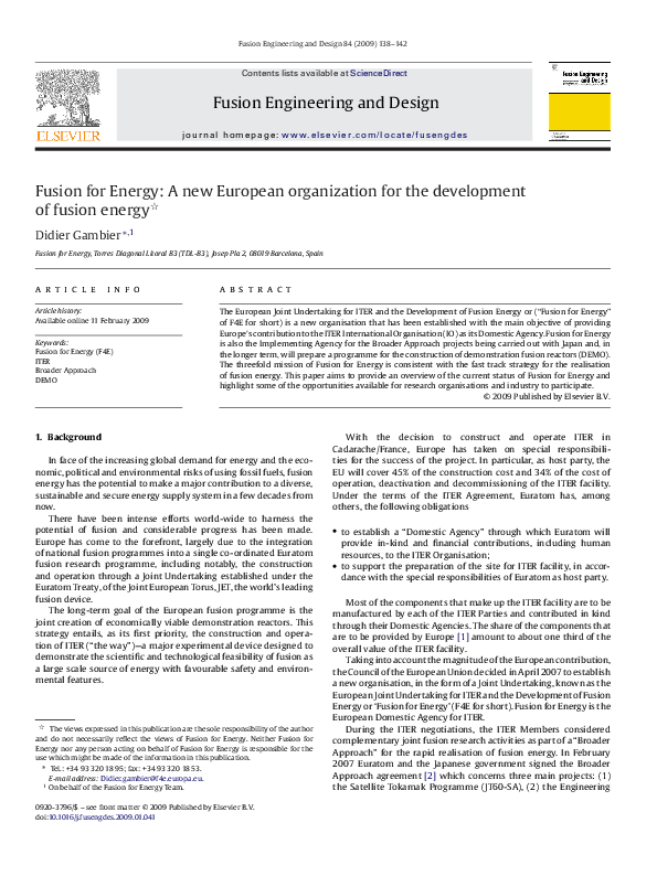 (PDF) Fusion for Energy: A new European organization for the ...