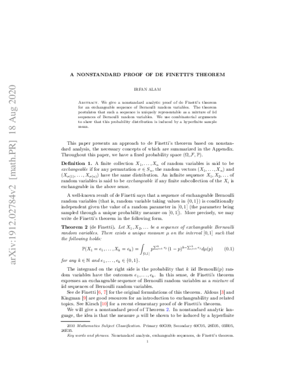 (PDF) A Nonstandard Proof of De Finetti’s Theorem for Bernoulli Random Variables | Irfan Alam ...