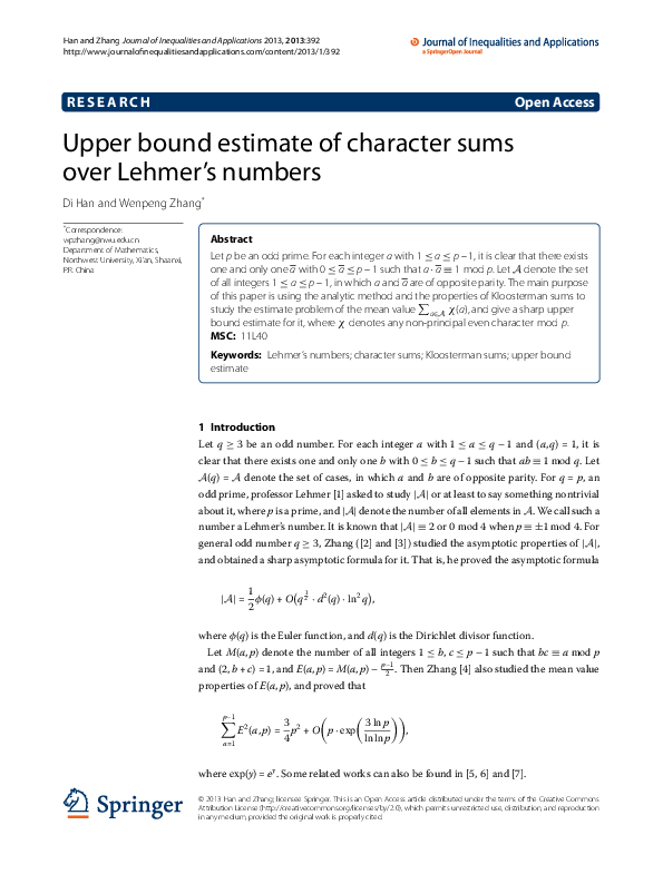 (PDF) Upper bound estimate of character sums over Lehmer’s numbers