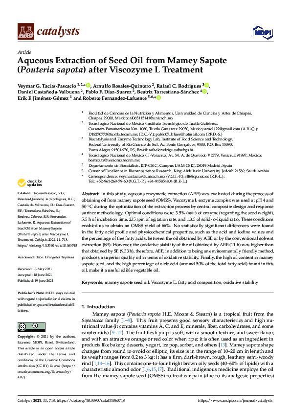 (PDF) Aqueous Extraction of Seed Oil from Mamey Sapote (Pouteria sapota) after Viscozyme L Treatment