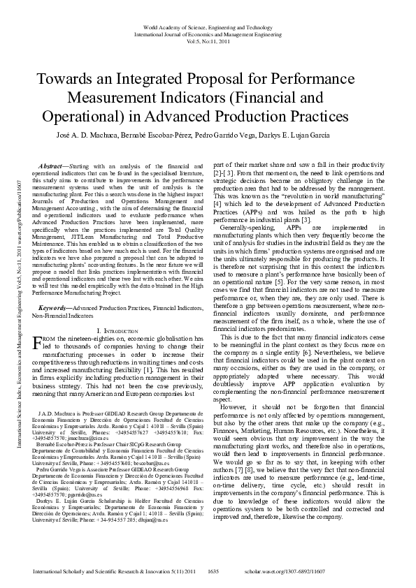 (PDF) Towards an Integrated Proposal for Performance Measurement Indicators (Financial and ...