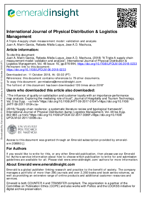(PDF) A Triple-A supply chain measurement model: validation and analysis