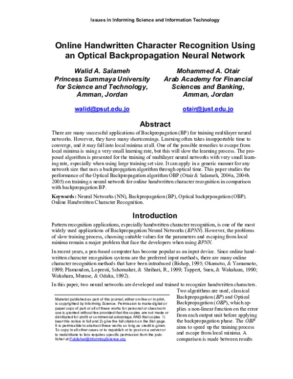 (PDF) Online Handwritten Character Recognition Using an Optical Backpropagation Neural Network