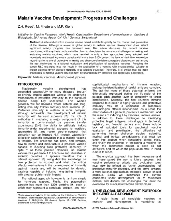 (PDF) Malaria Vaccine Development: Progress and Challenges