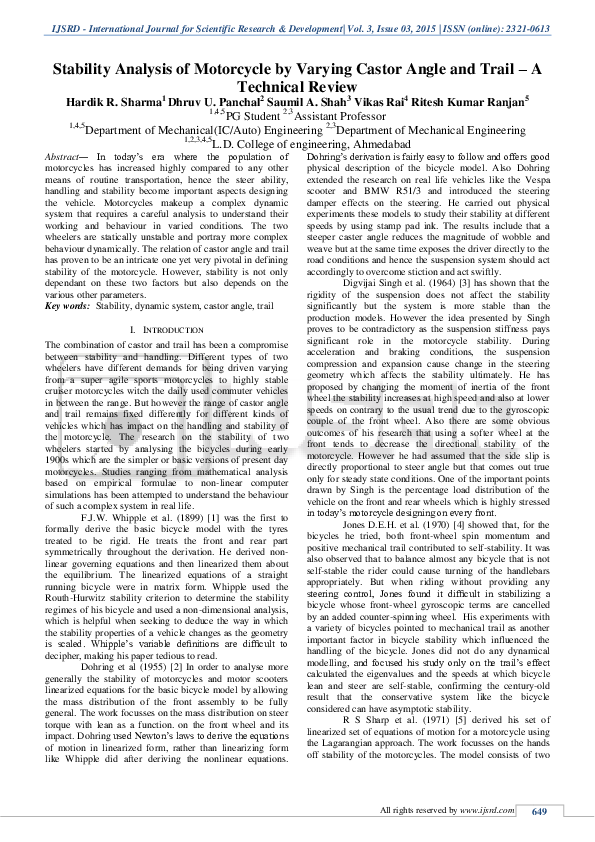 (PDF) Stability Analysis of Motorcycle by Varying Castor Angle and ...