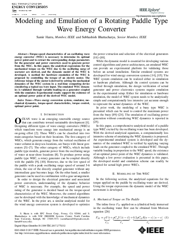 (PDF) Modeling and Emulation of a Rotating Paddle Type Wave Energy ...