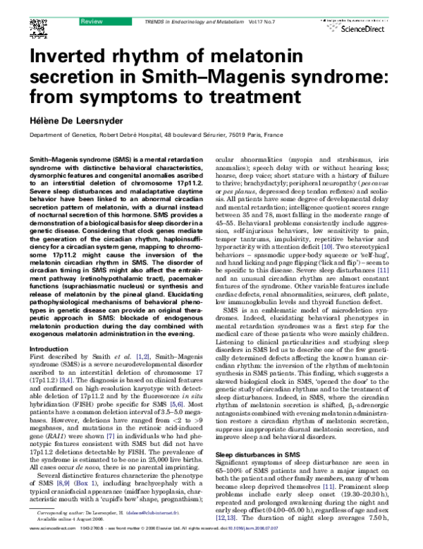 (PDF) Inverted rhythm of melatonin secretion in Smith–Magenis syndrome ...