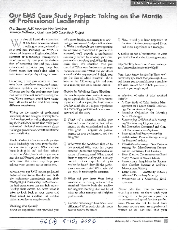 (PDF) Our EMS Case Study Project: Taking on the Mantle of Professional Leadership