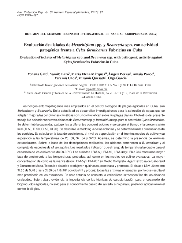 (PDF) Evaluación de aislados de Metarhizium spp. y Beauveria spp. con ...
