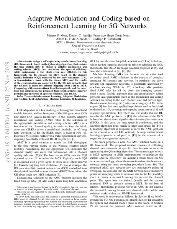 (PDF) Adaptive Modulation and Coding Based on Reinforcement Learning for 5G Networks