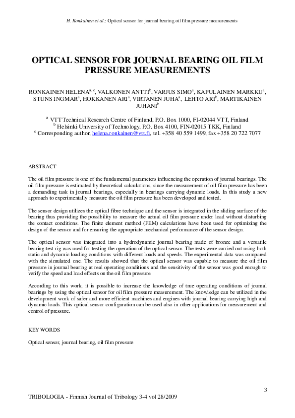 (PDF) Optical sensor for journal bearing oil film pressure measurements