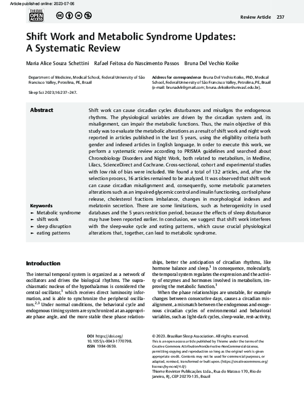 (PDF) Shift Work and Metabolic Syndrome Updates: A Systematic Review