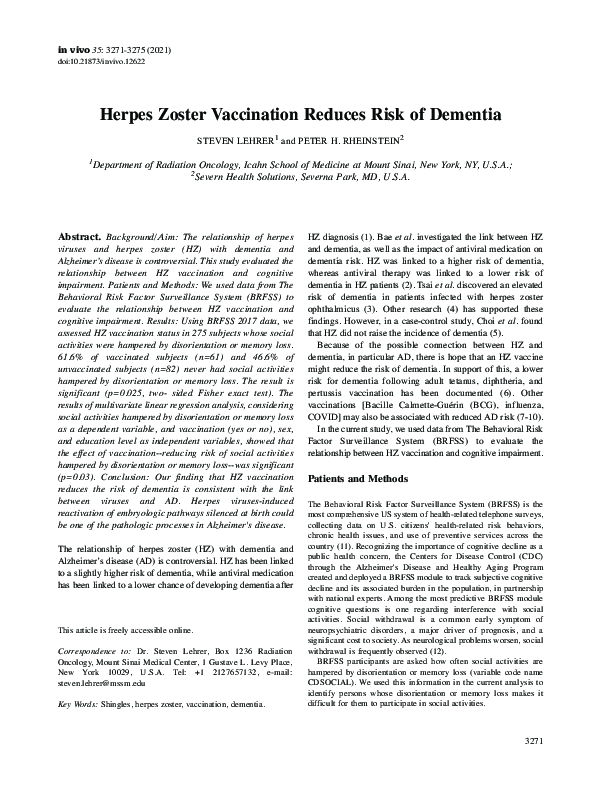 (PDF) Herpes Zoster Vaccination Reduces Risk of Dementia