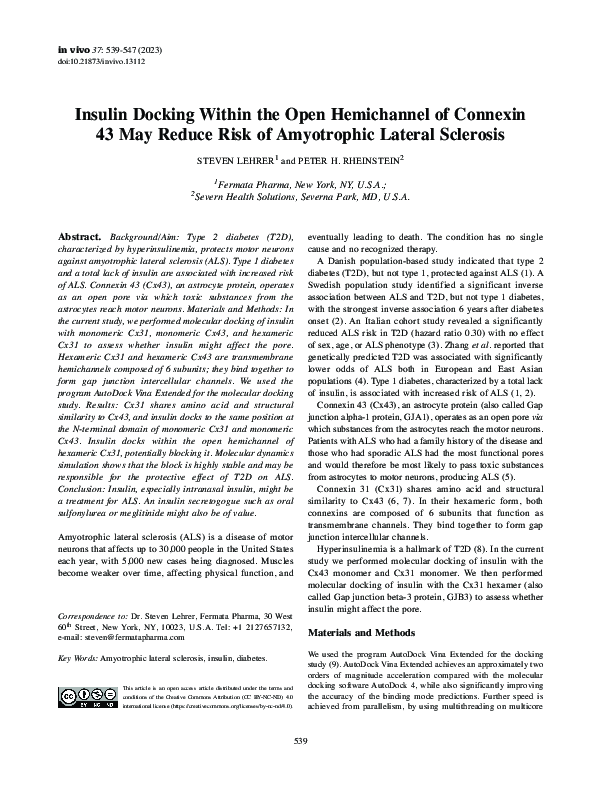 (PDF) Insulin Docking Within the Open Hemichannel of Connexin 43 May ...