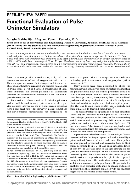 (PDF) Functional Evaluation of Pulse Oximeter Simulators