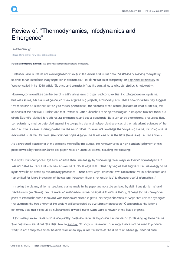 (PDF) Review of: "Thermodynamics, Infodynamics and Emergence
