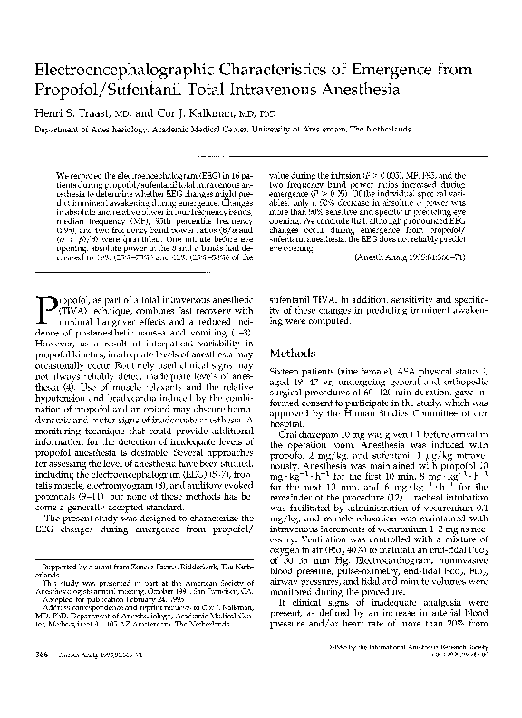 (PDF) Electroencephalographic Characteristics of Emergence from Propofol/Sufentanil Total ...