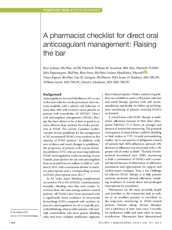 (PDF) A pharmacist checklist for direct oral anticoagulant management ...