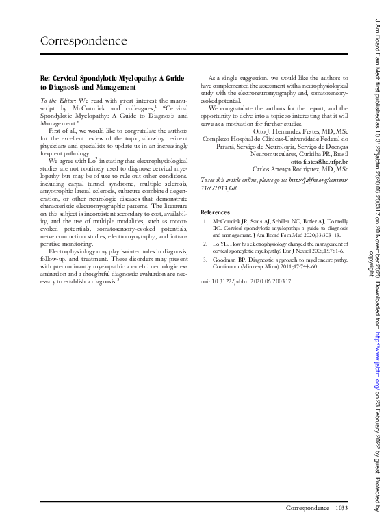 Pdf Re Cervical Spondylotic Myelopathy A Guide To Diagnosis And