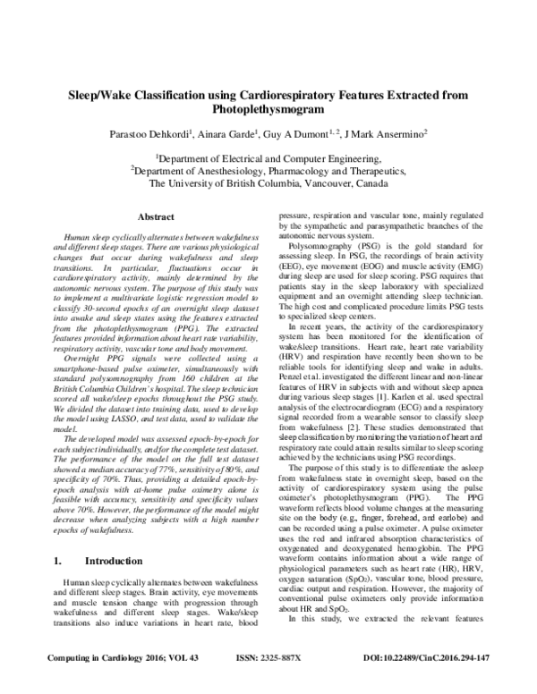 (PDF) Cardiorespiratory PPG Features for Sleep Classification