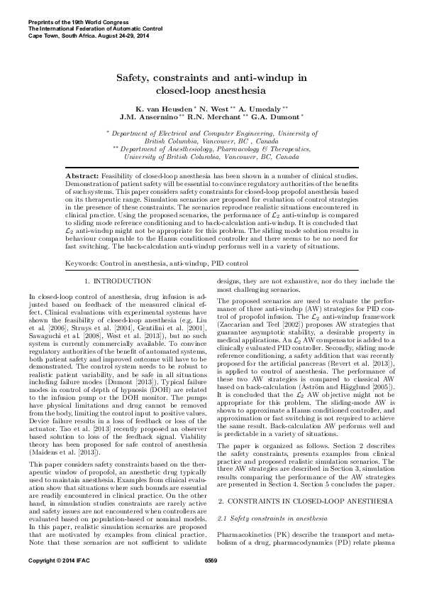 Pdf Safety Constraints And Anti Windup In Closed Loop Anesthesia