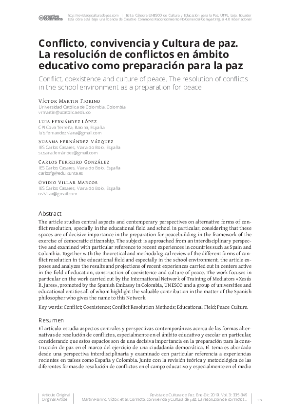 (PDF) Conflicto, convivencia y Cultura de paz. La resolución de conflictos en ámbito educativo ...