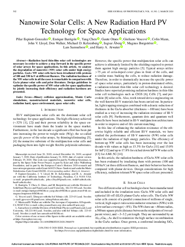 (PDF) Nanowire Solar Cells: A New Radiation Hard PV Technology for ...