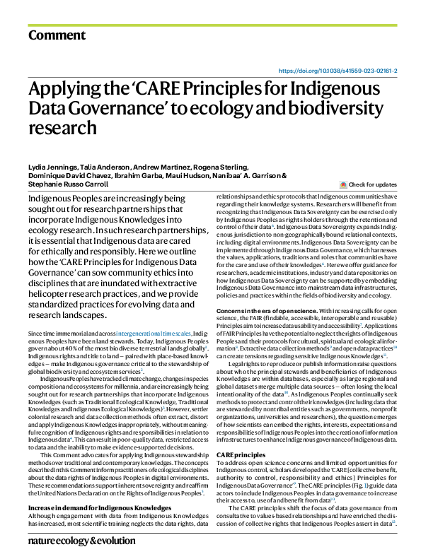 (PDF) Applying the ‘CARE Principles for Indigenous Data Governance’ to ...