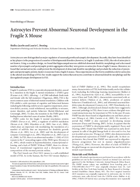 (PDF) Astrocytes Prevent Abnormal Neuronal Development in the Fragile X ...