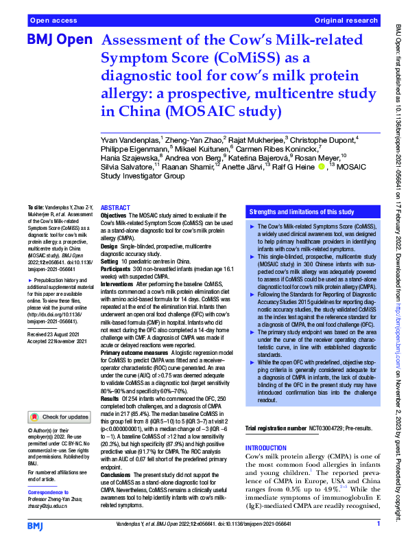(PDF) Assessment of the Cow’s Milk-related Symptom Score (CoMiSS) as a ...