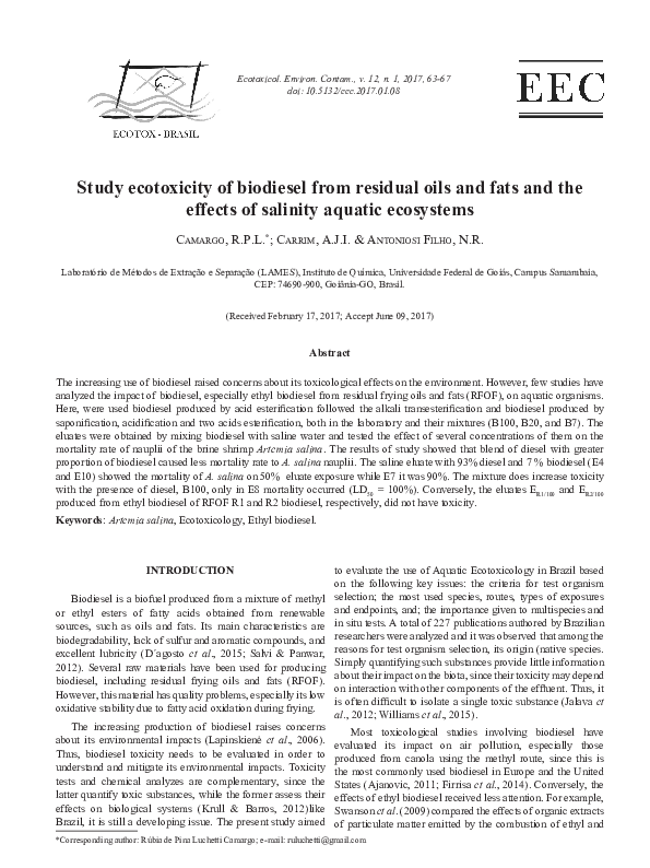 (PDF) Study ecotoxicity of biodiesel from residual oils and fats and ...