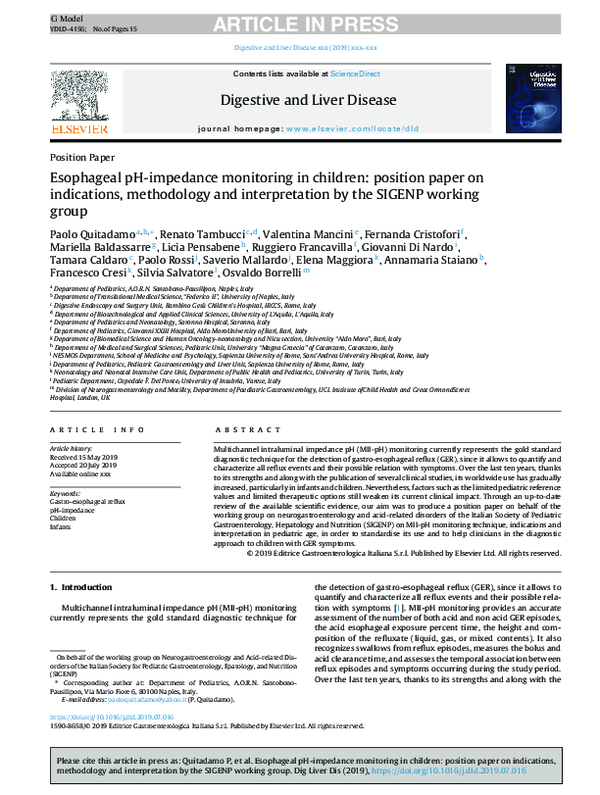 (PDF) Esophageal pH-impedance monitoring in children: position paper on ...
