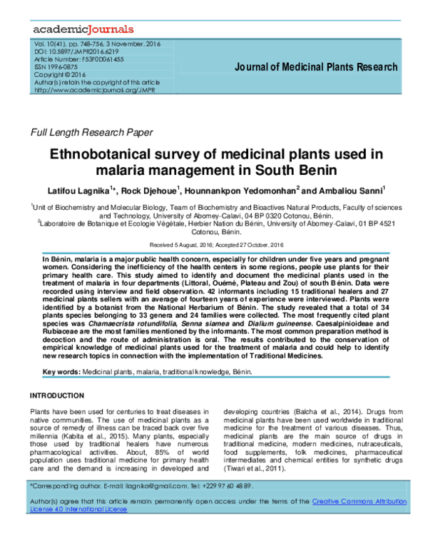 (PDF) Ethnobotanical survey of medicinal plants used in the treatment of animal diarrhoea in ...