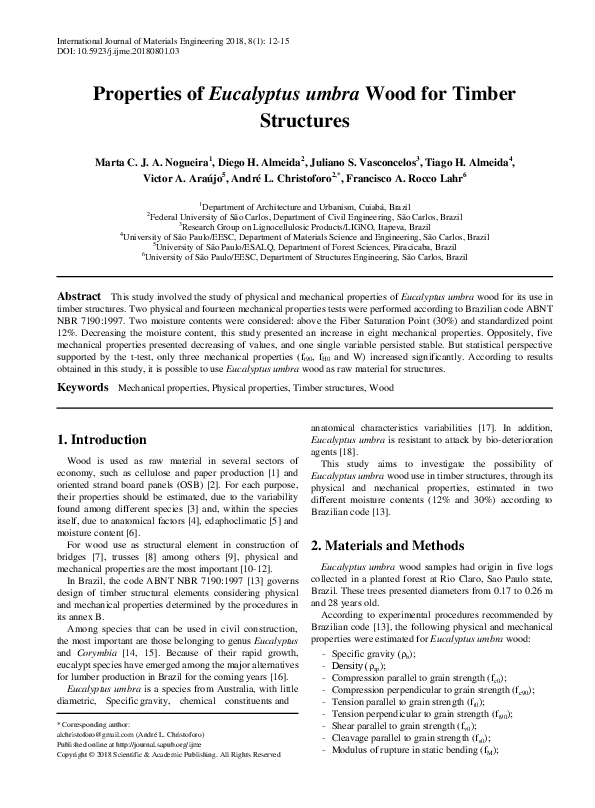 (PDF) Properties of Eucalyptus umbra Wood for Timber Structures