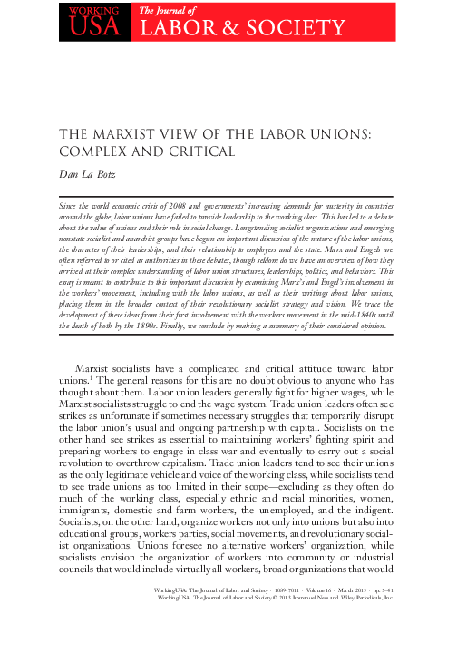 (PDF) The Marxist View of the Labor Unions: Complex and Critical