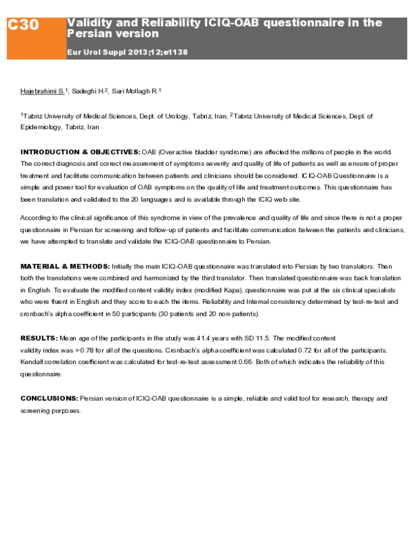 (PDF) C30 Validity and Reliability ICIQ-OAB questionnaire in the ...