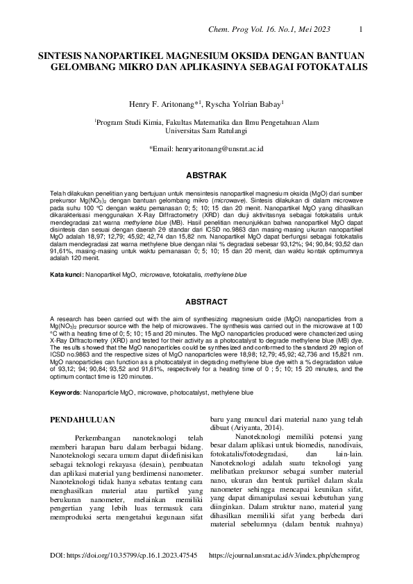 (PDF) Sintesis Nanopartikel Magnesium Oksida dengan Bantuan Gelombang ...