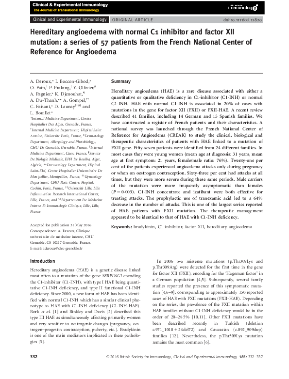 (PDF) Hereditary angioedema with normal C1 inhibitor and factor XII ...