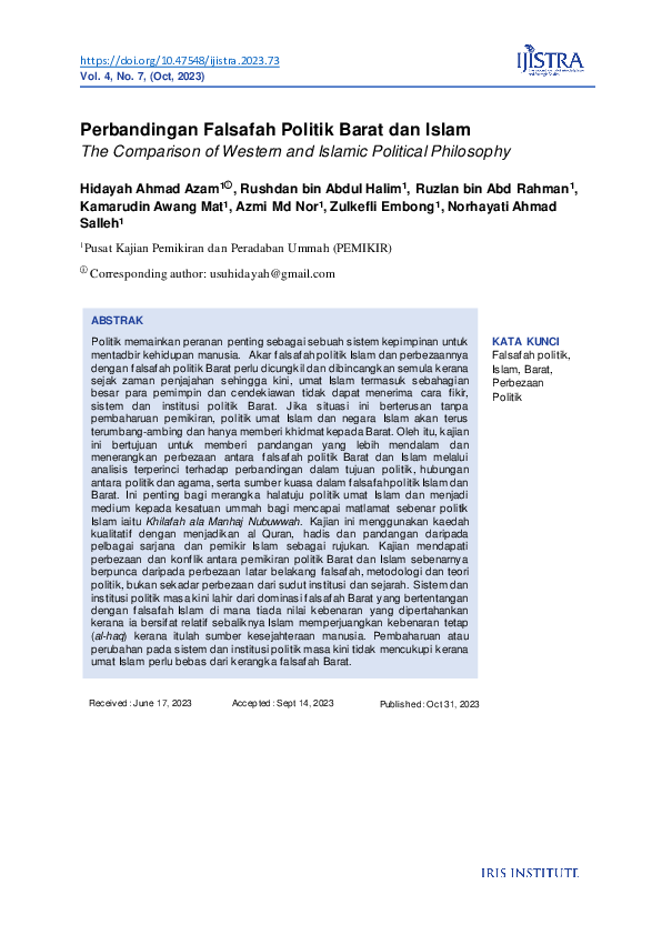 (PDF) Perbandingan Falsafah Politik Barat dan Islam